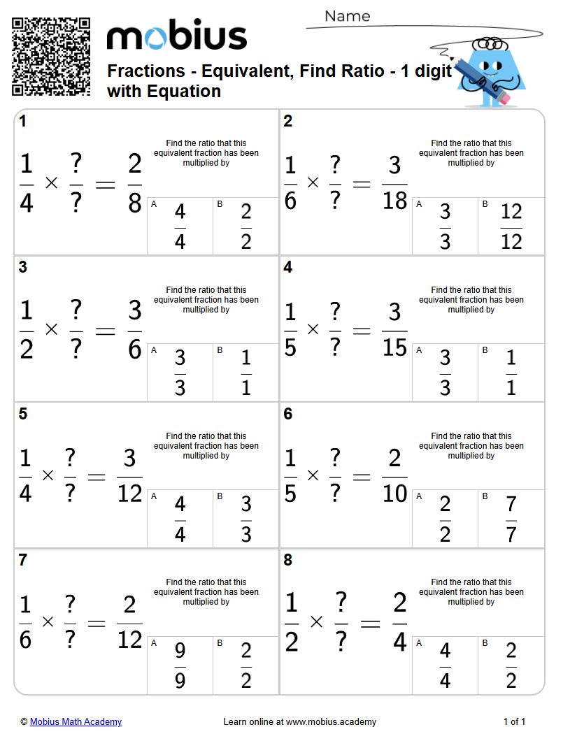 Fractions - Equivalent, Find Ratio - 1 digit with Equation (Level 1 ...
