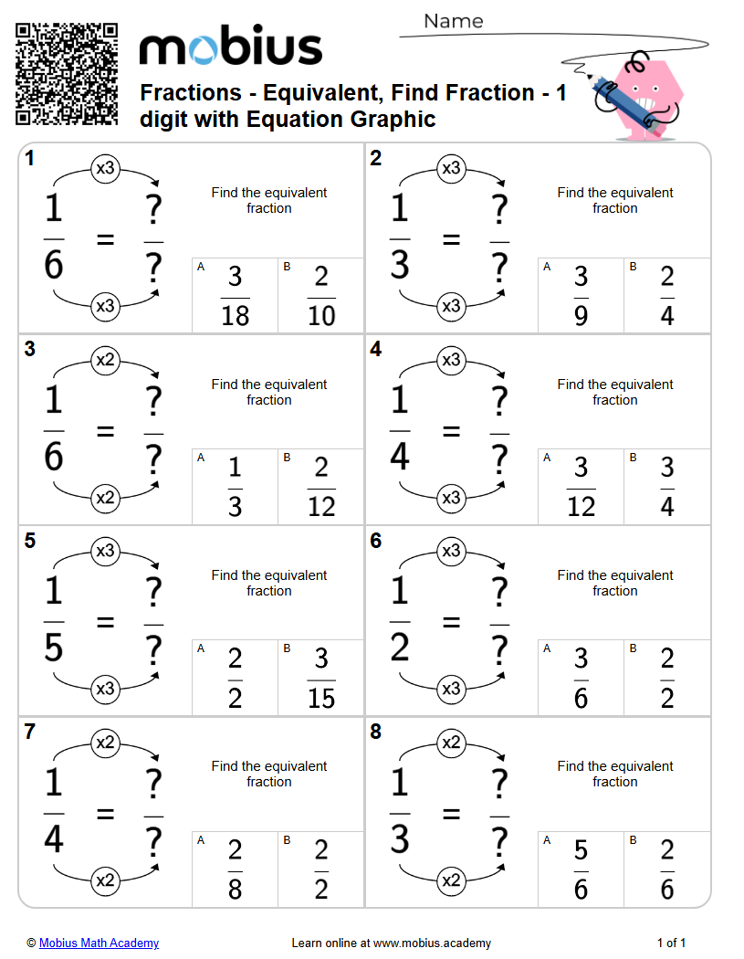 Fractions - Equivalent, Find Fraction - 1 digit with Equation Graphic ...