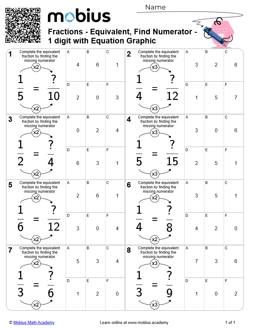 Fractions - Equivalent, Find Numerator - 1 digit with Equation Graphic ...