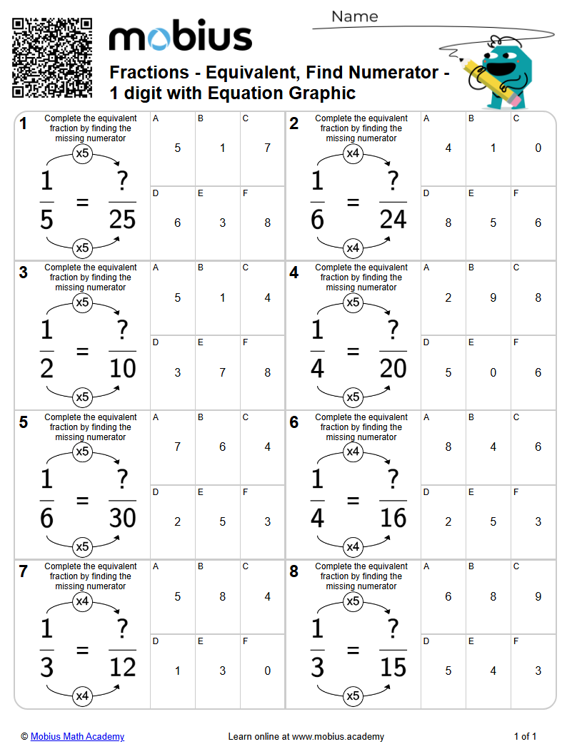 Fractions - Equivalent, Find Numerator - 1 digit with Equation Graphic ...