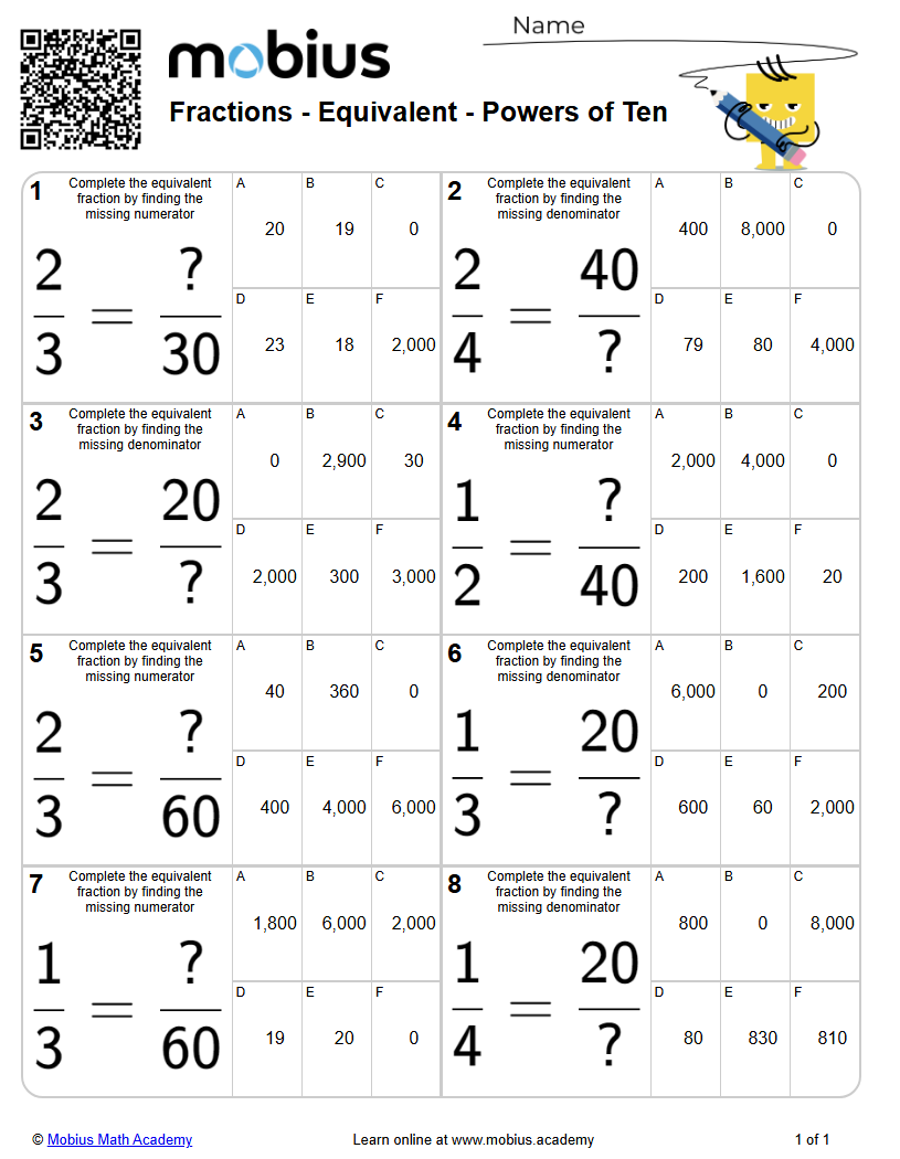 Fractions - Equivalent - Powers of Ten (Level 2) - Mobius Math Academy