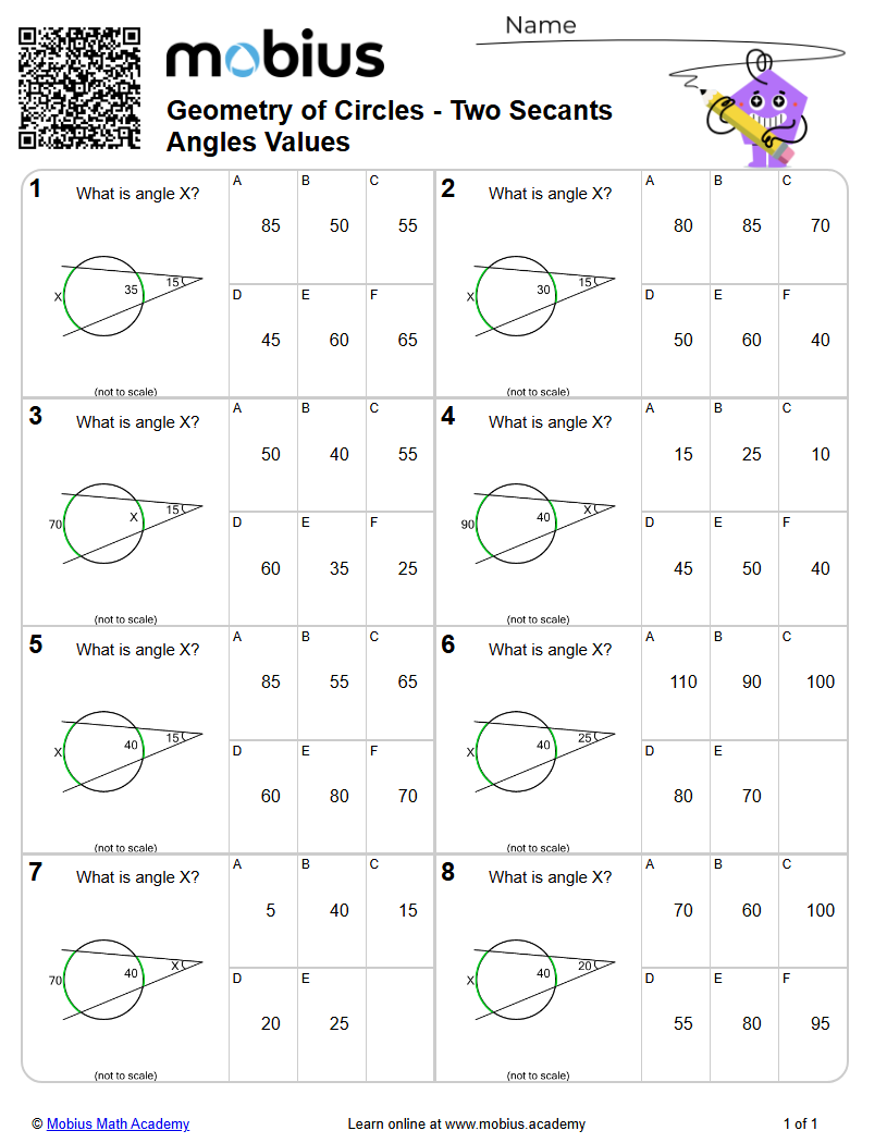 Geometry of Circles - Two Secants Angles Values (Level 1) - Mobius Math ...