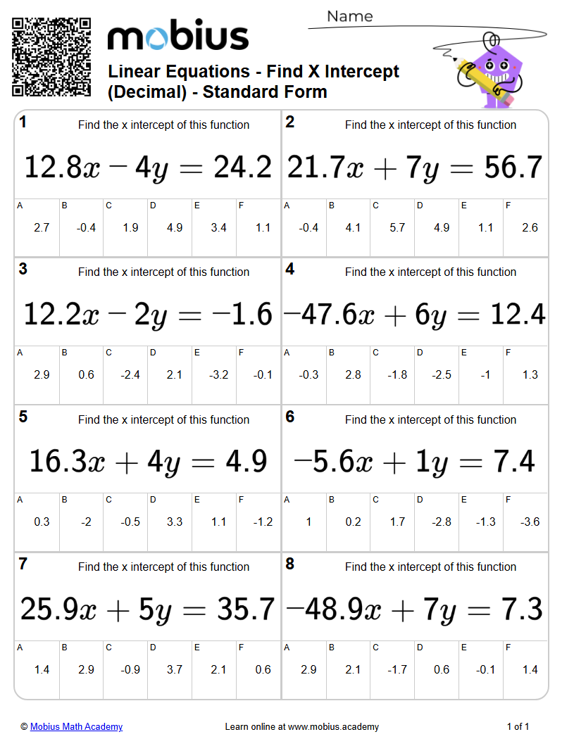 Linear Equations - Find X Intercept (Decimal) - Standard Form | Level 2 ...