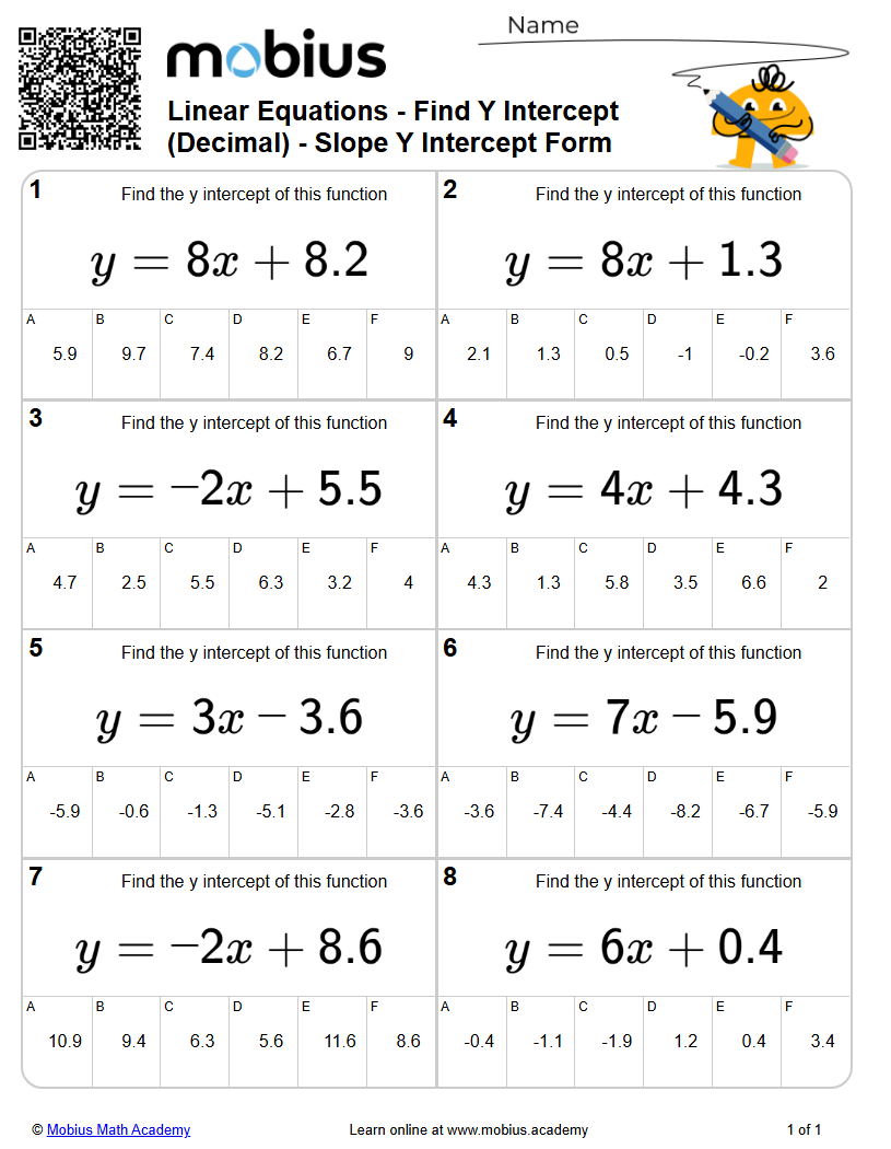 Linear Equations - Find Y Intercept (Decimal) - Slope Y Intercept Form ...