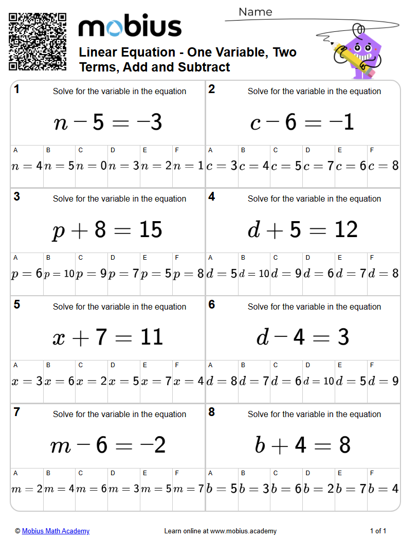 Linear Equation - One Variable, Two Terms, Add and Subtract (Level 1 ...