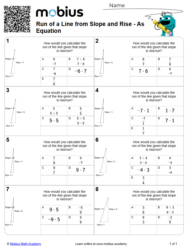 Level 1 | Slope/Linear Equations | Grade 9 Math Worksheets - Mobius ...