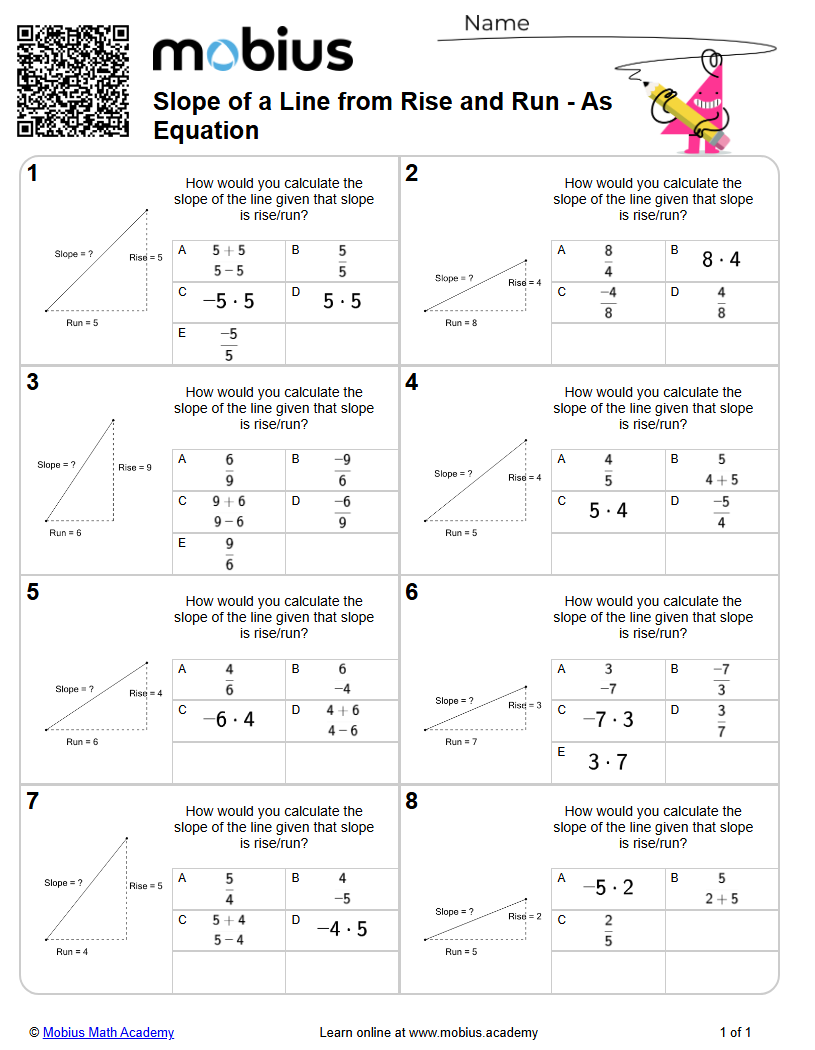 Level 1 | Slope/Linear Equations | Grade 9 Math Worksheets - Mobius ...
