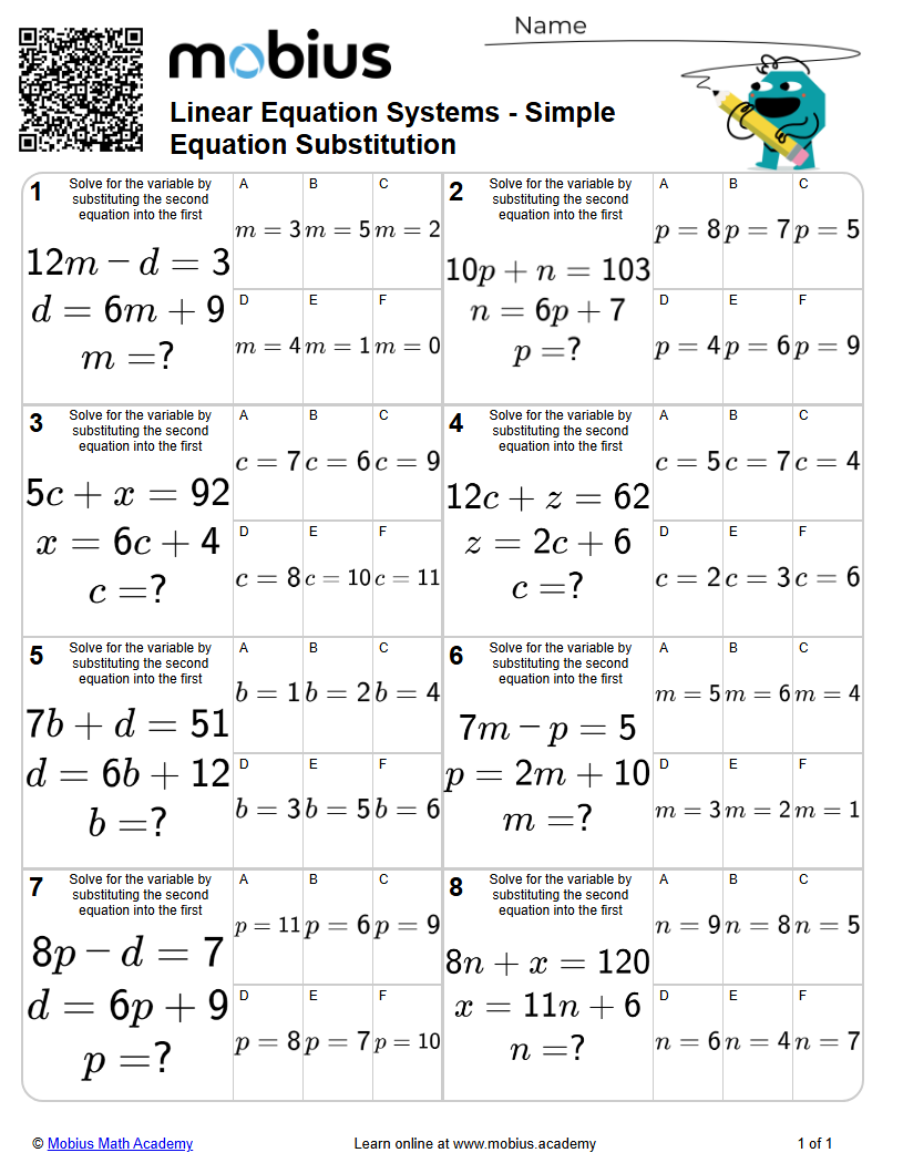 Linear Equation Systems - Simple Equation Substitution (Level 1) - Mobius Math Academy