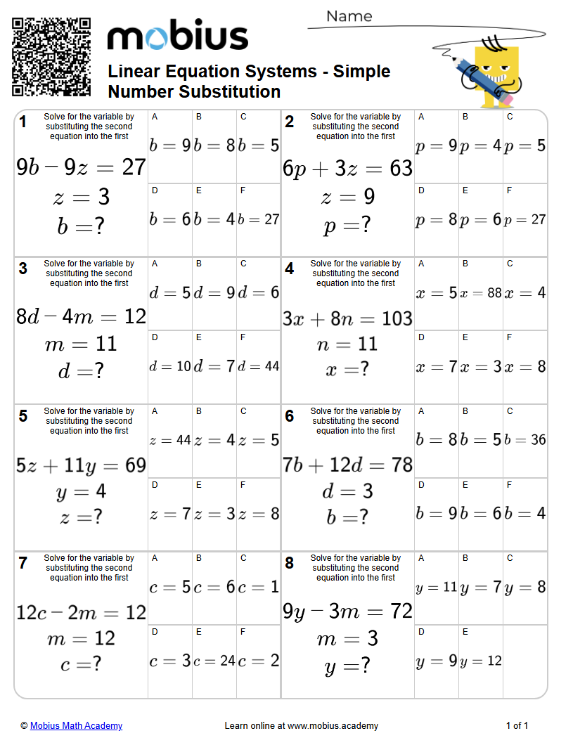 Linear Equation Systems - Simple Number Substitution (Level 2) - Mobius ...