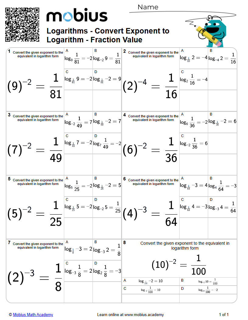 Logarithms | Convert Exponent to Logarithm - Fraction Value (Level 1 ...