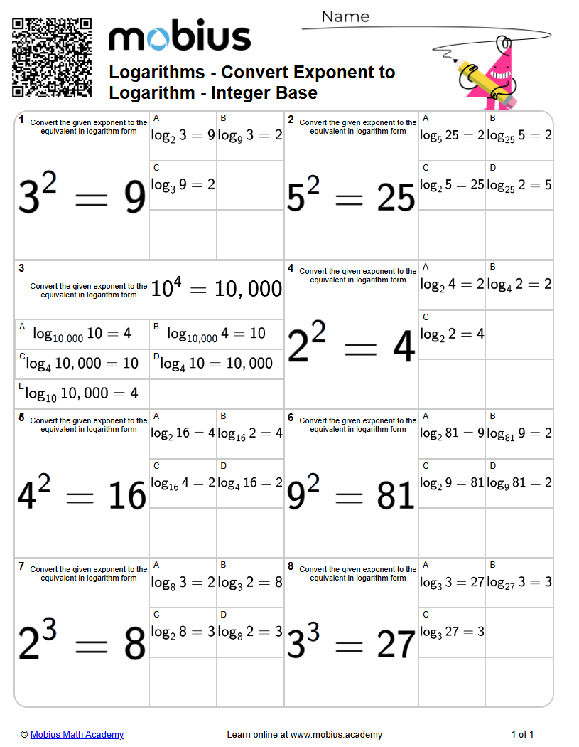 Logarithms | Convert Exponent to Logarithm - Integer Base (Level 1 ...