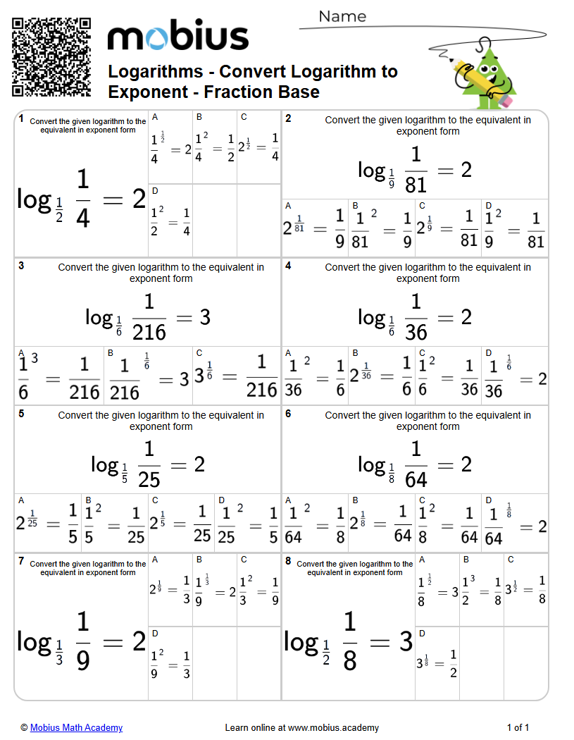 Logarithms | Convert Logarithm to Exponent - Fraction Base (Level 1 ...