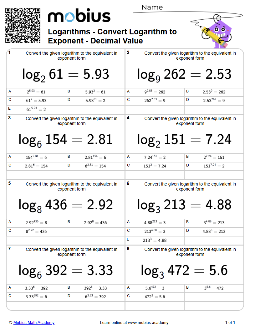 Logarithms - Convert Logarithm to Exponent - Decimal Value (Level 1 ...
