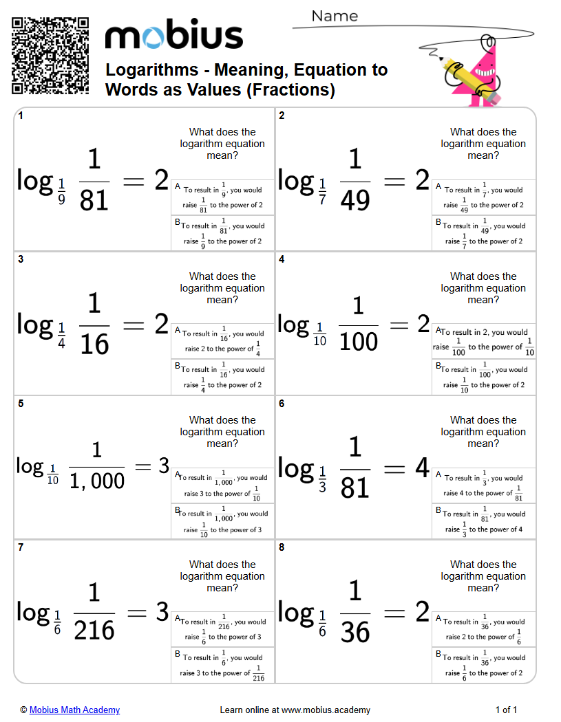 Logarithms - Meaning, Equation to Words as Values (Fractions) (Level 1 ...