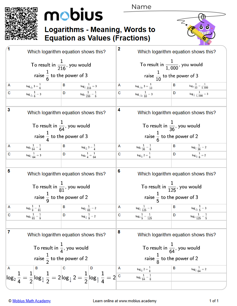 Logarithms - Meaning, Words to Equation as Values (Fractions) (Level 1 ...