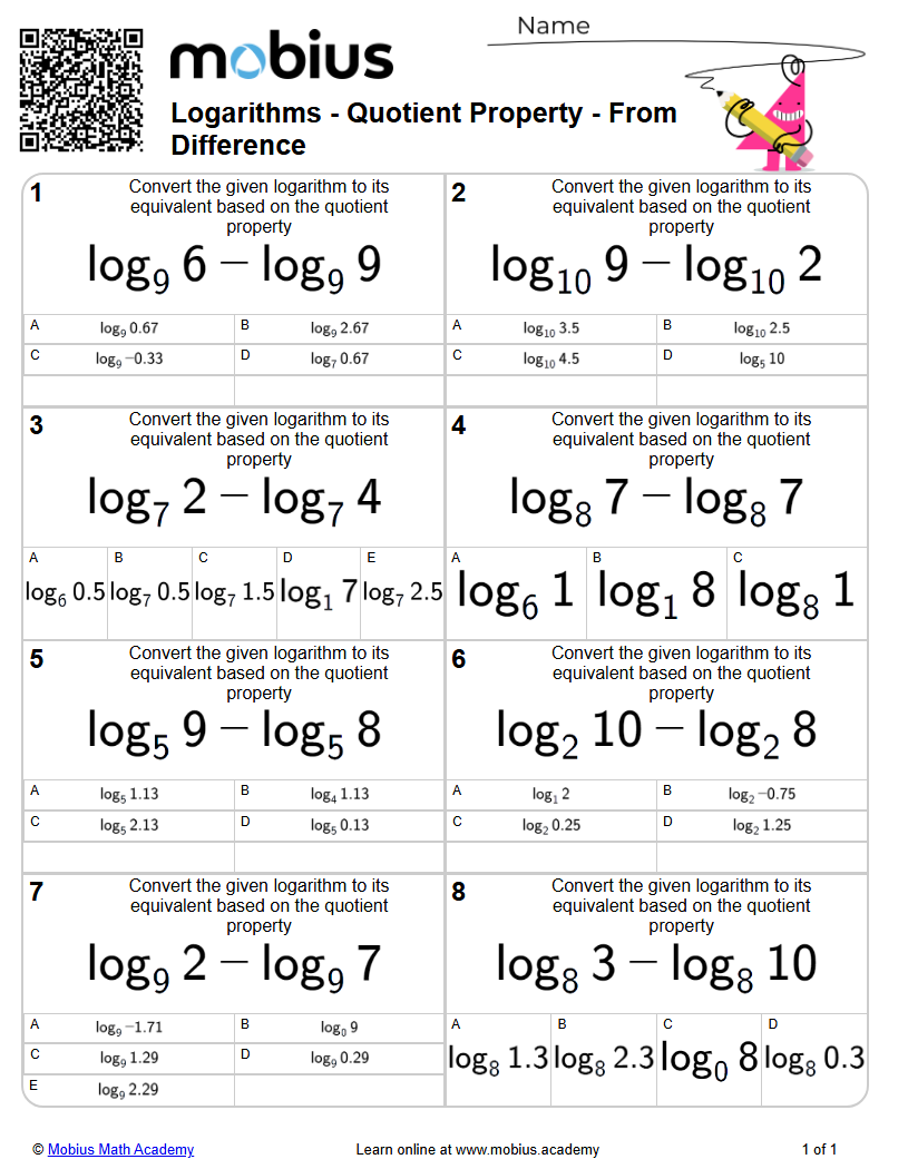 Logarithms - Quotient Property - From Difference (Level 1) - Mobius ...