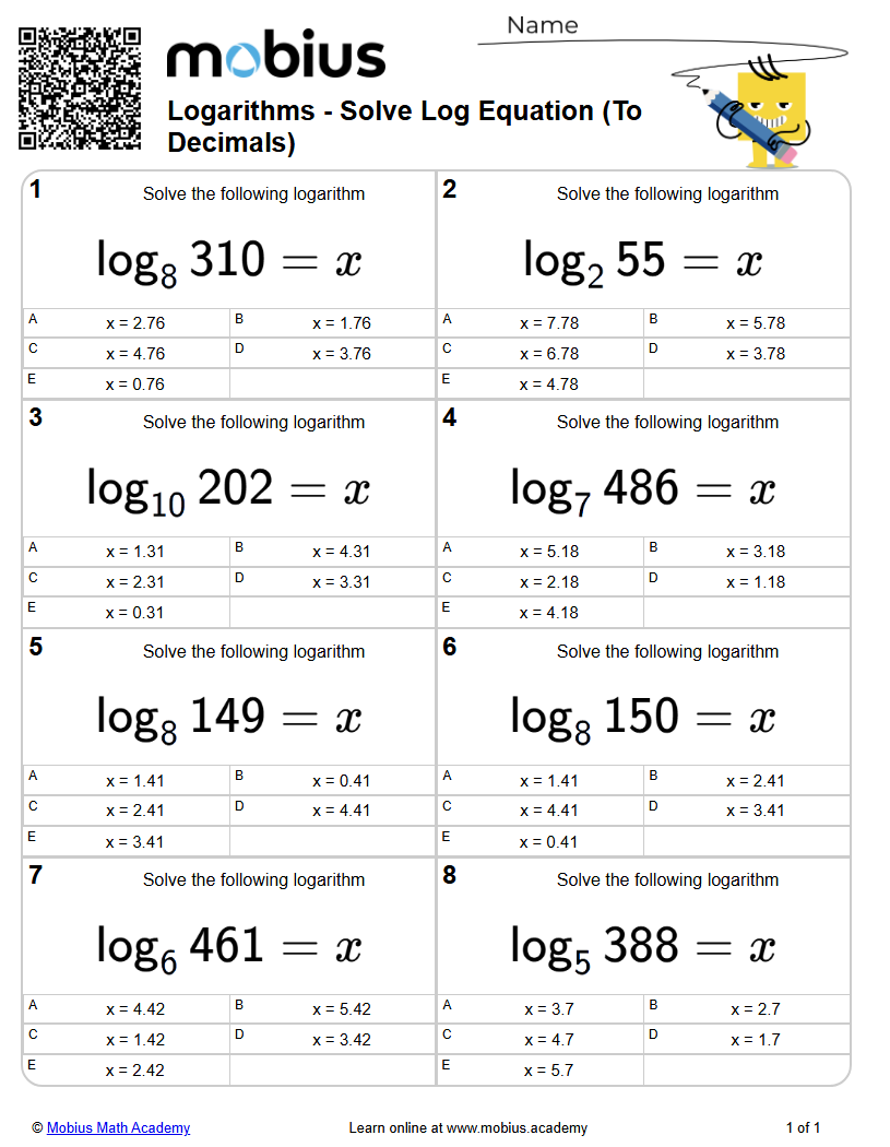 Solve Log Equation (To Decimals) (Level 1) | Exponents | Grades 11-12 ...