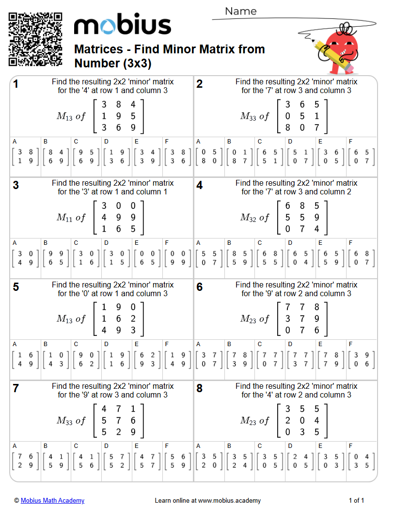 Matrices - Find Minor Matrix from Number (3x3) (Level 1) - Mobius Math ...