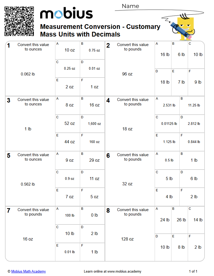 Measurement Conversion - Customary Mass Units with Decimals (Level 2 ...