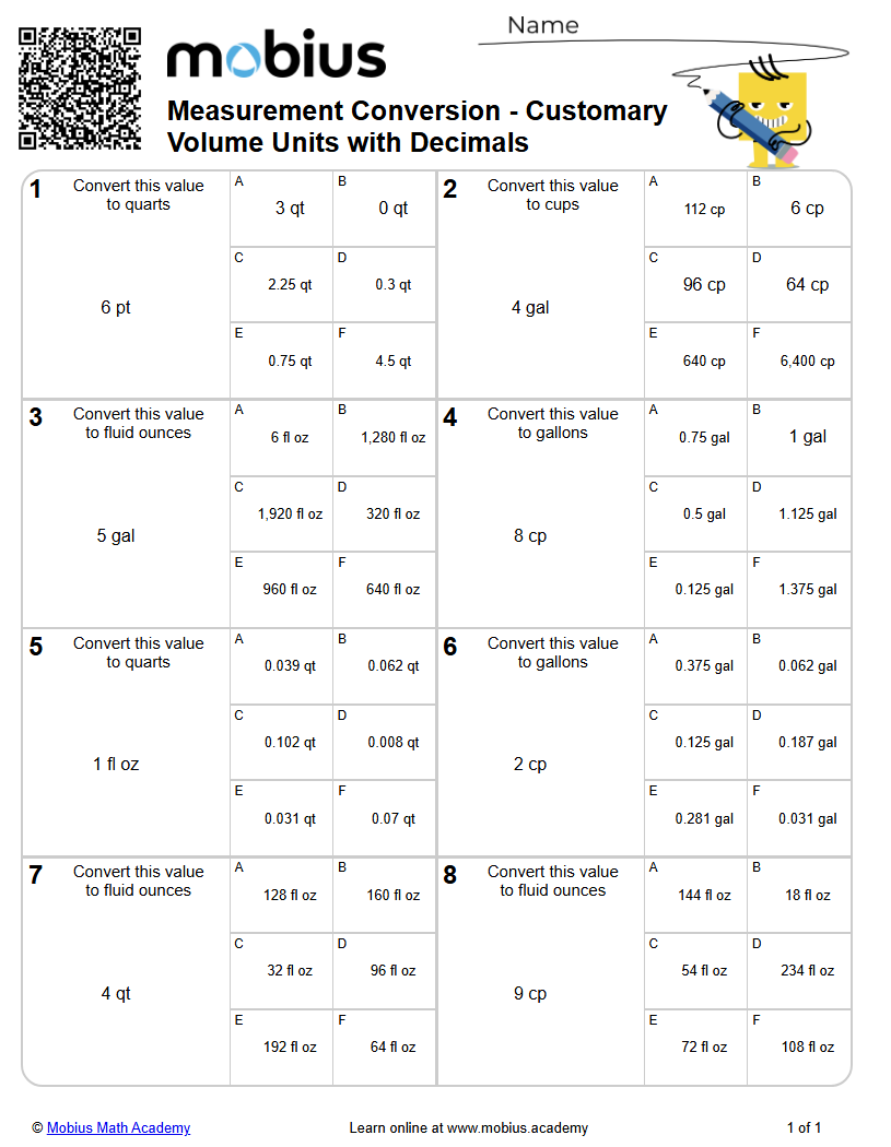 Measurement Conversion - Customary Volume Units with Decimals | Level 1 ...
