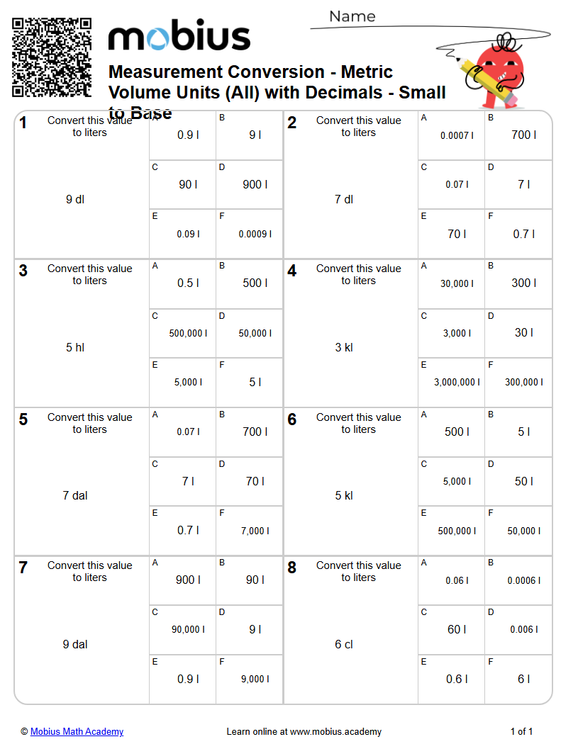 Measurement Conversion - Metric Volume Units (All) with Decimals ...
