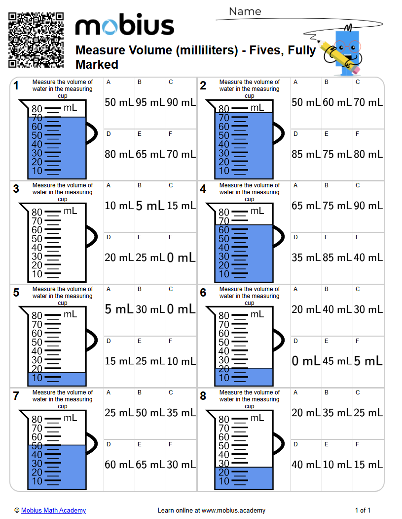 Measure Volume (milliliters) - Fives, Fully Marked | Level 1 | Grades 6 ...