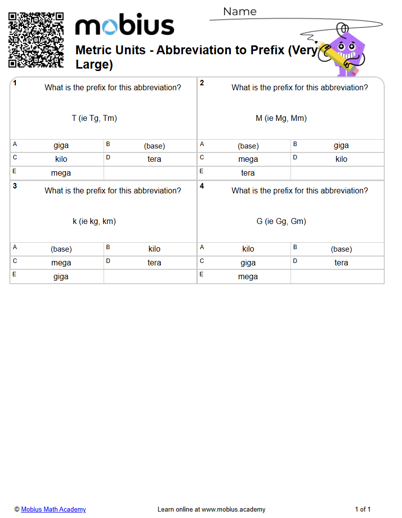 Metric Units - Abbreviation to Prefix (Very Large) (Level 1) - Mobius ...