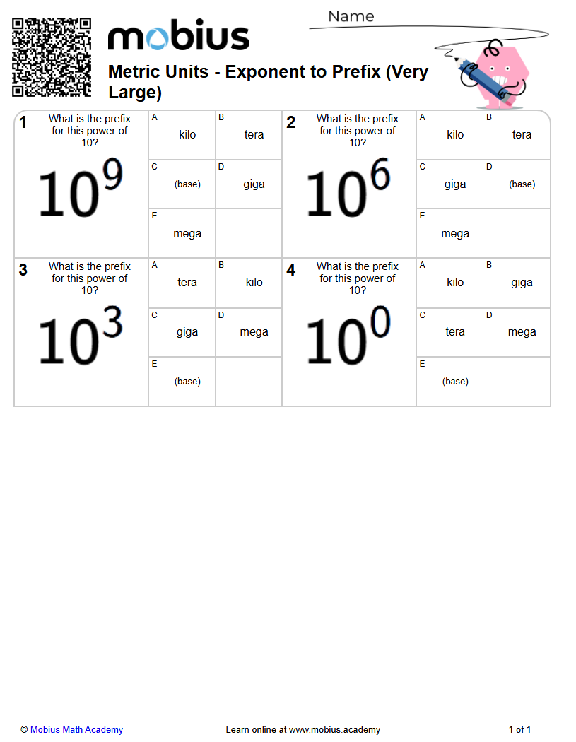 Metric Units - Exponent to Prefix (Very Large) (Level 1) - Mobius Math ...