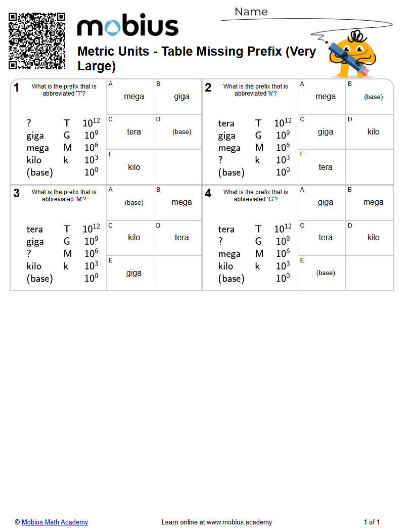 Metric Units - Table Missing Prefix (Very Large) (Level 1) - Mobius ...