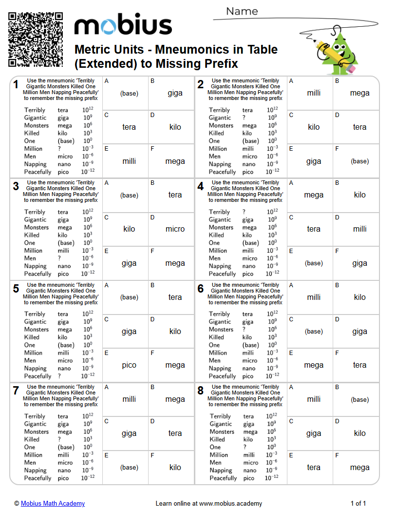 Metric Units - Mneumonics in Table (Extended) to Missing Prefix (Level ...