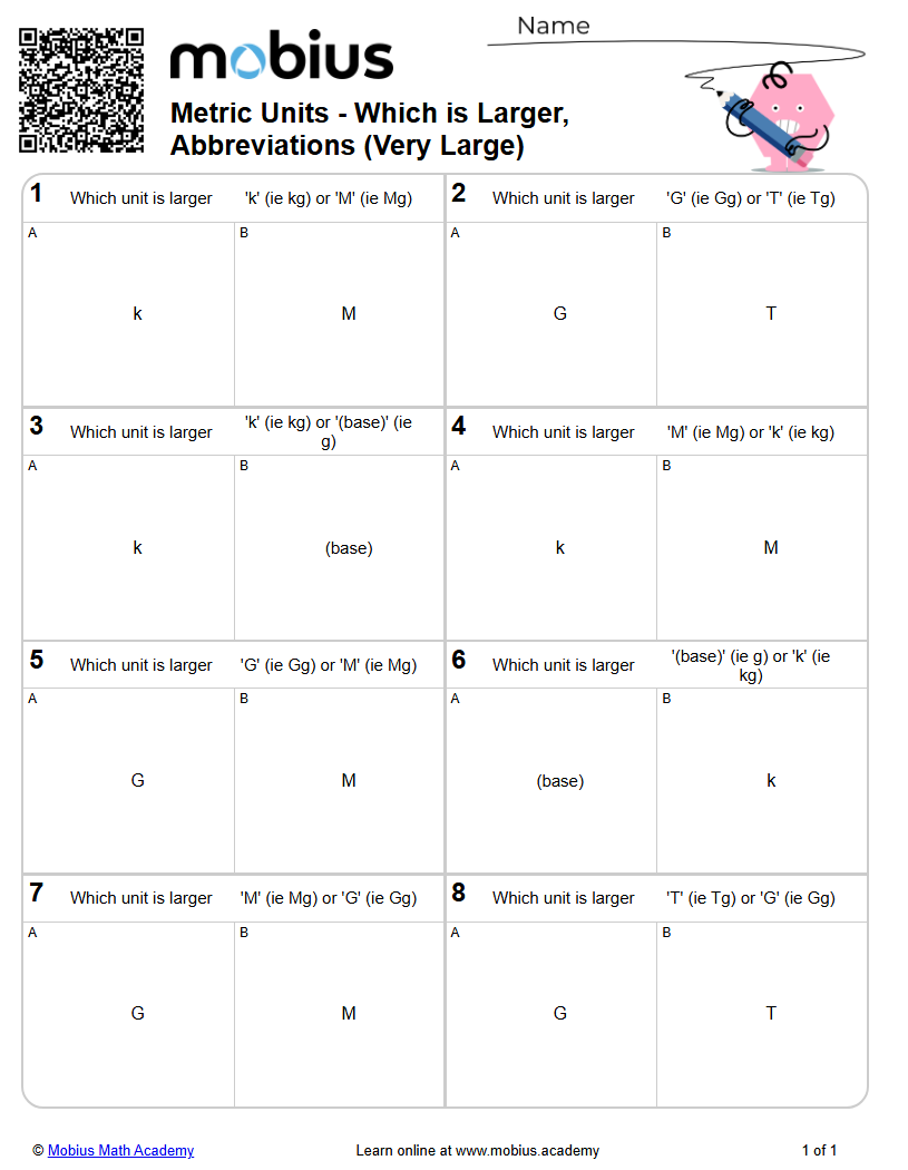 Metric Units | Which is Larger, Abbreviations (Very Large) (Level 1 ...