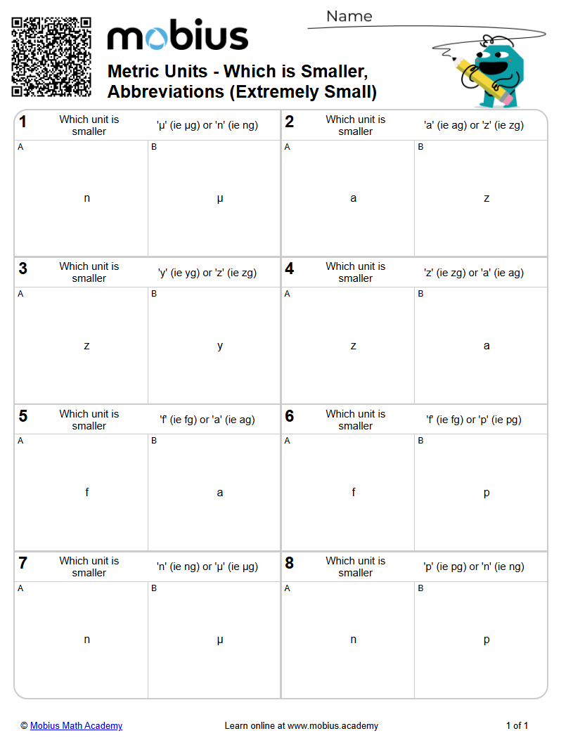 Metric Units | Which is Smaller, Abbreviations (Extremely Small) (Level ...