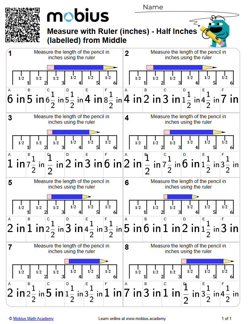 Measure with Ruler (inches) - Half Inches (labelled) from Middle (Level ...