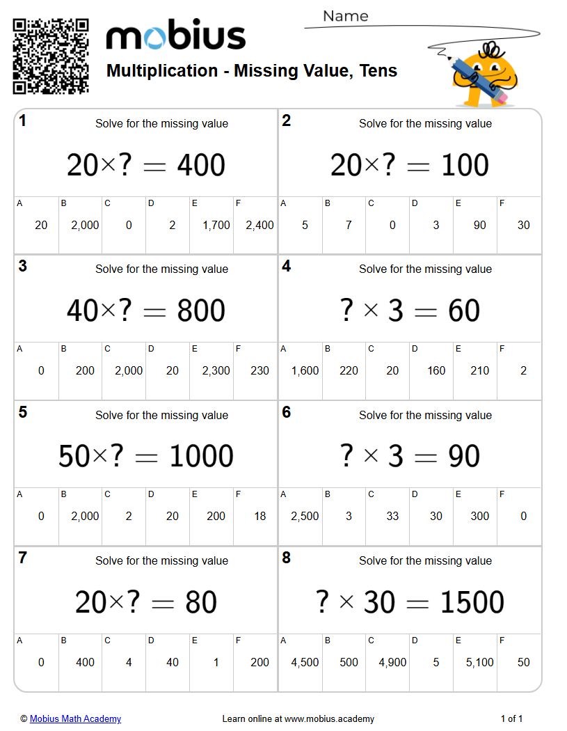 Multiplication - Missing Value, Tens (Level 1) - Mobius Math Academy