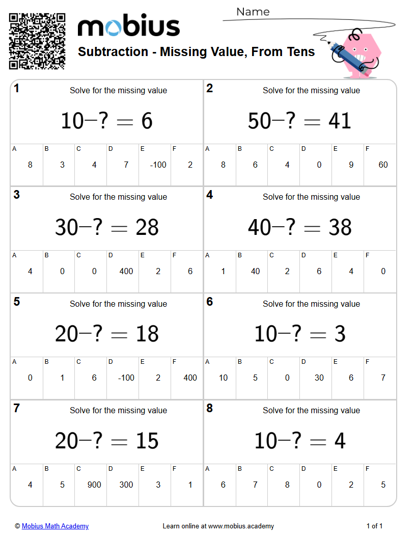 Subtraction - Missing Value, From Tens (Level 1) - Mobius Math Academy