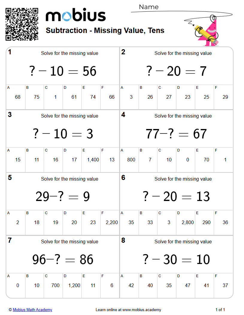 Subtraction - Missing Value, Tens (Level 1) - Mobius Math Academy