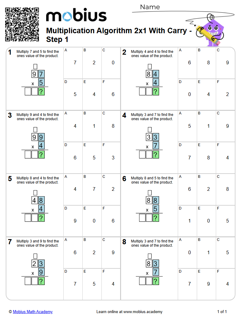 Multiplication Algorithm 2x1 With Carry - Step 1 | Level 1 | Grades 5-6 ...