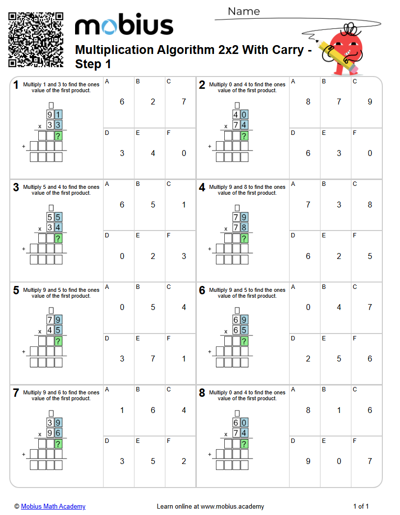 Multiplication Algorithm 2x2 With Carry - Step 1 (Level 1) - Mobius Math Academy