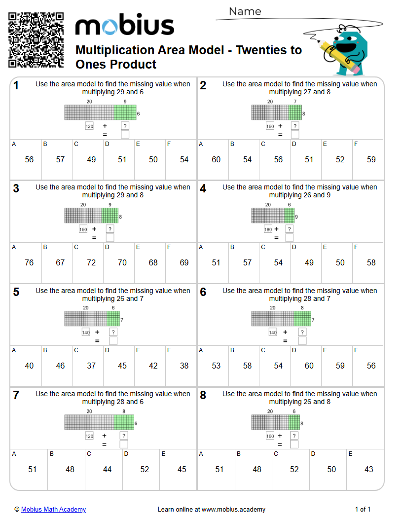Multiplication Area Model - Twenties to Ones Product | Level 2 | Grades ...