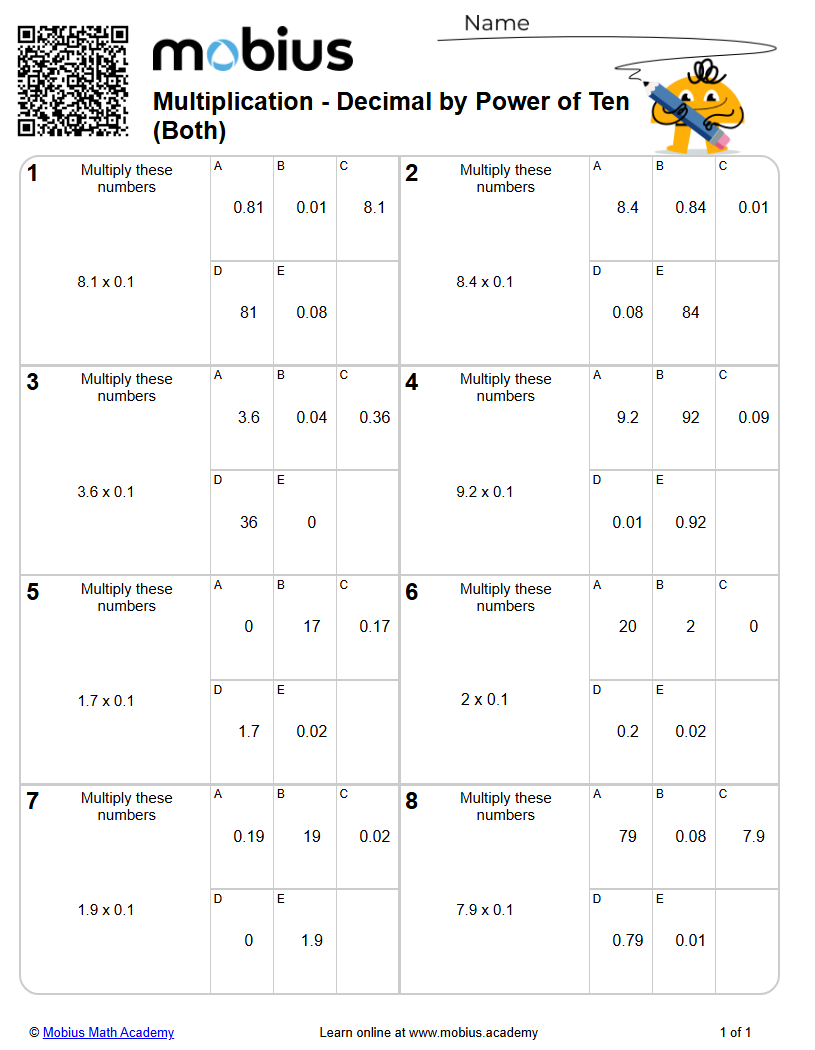Multiplication - Decimal by Power of Ten (Both) (Level 1) - Mobius Math ...