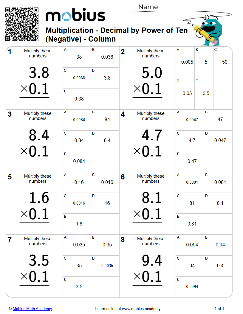 Multiplication - Decimal by Power of Ten (Negative) - Column (Level 1 ...