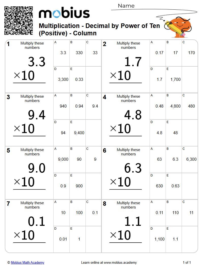 Multiplication - Decimal by Power of Ten (Positive) - Column (Level 1 ...