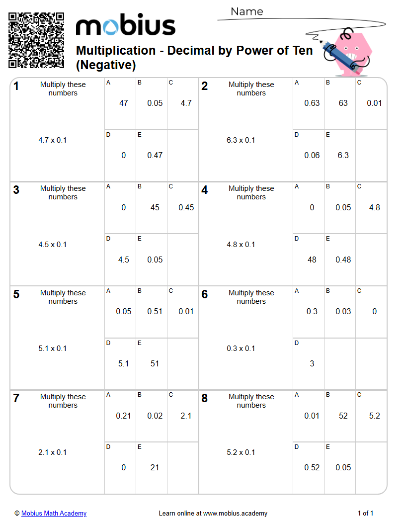 Multiplication | Decimal by Power of Ten (Negative) (Level 1) | Grades ...