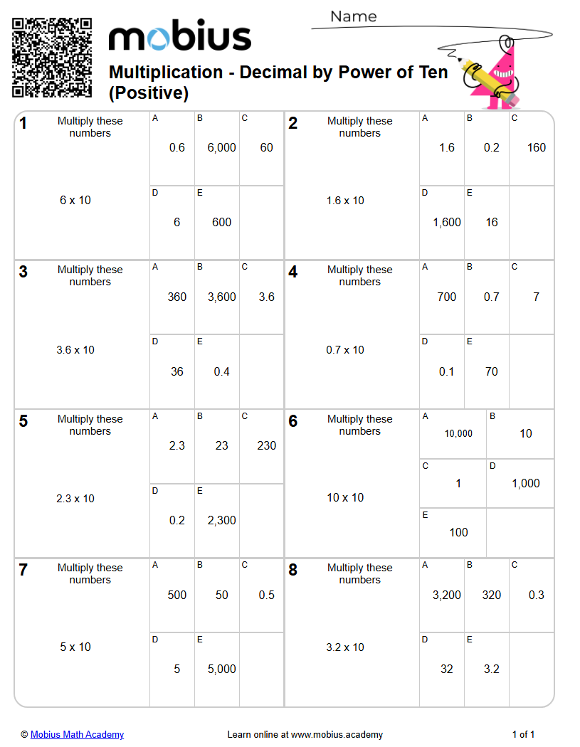 Multiplication | Decimal by Power of Ten (Positive) (Level 1) | Grades ...