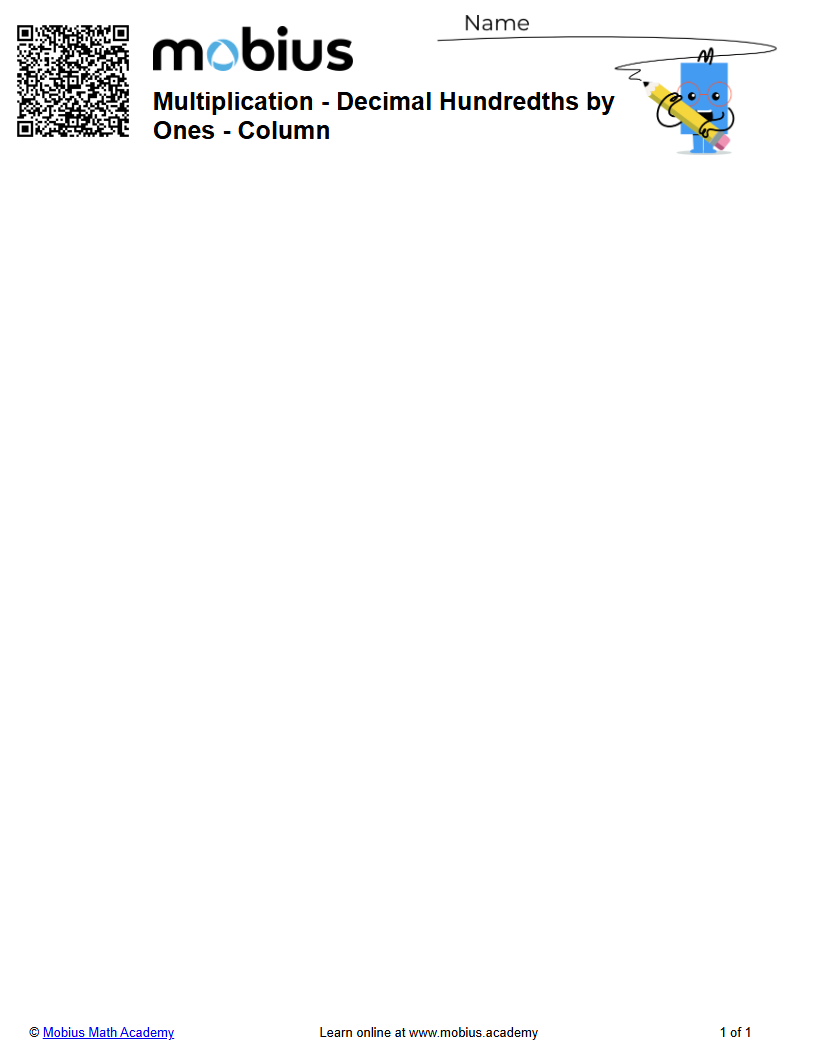 Multiplication - Decimal Hundredths by Ones - Column (Level 1) - Mobius ...