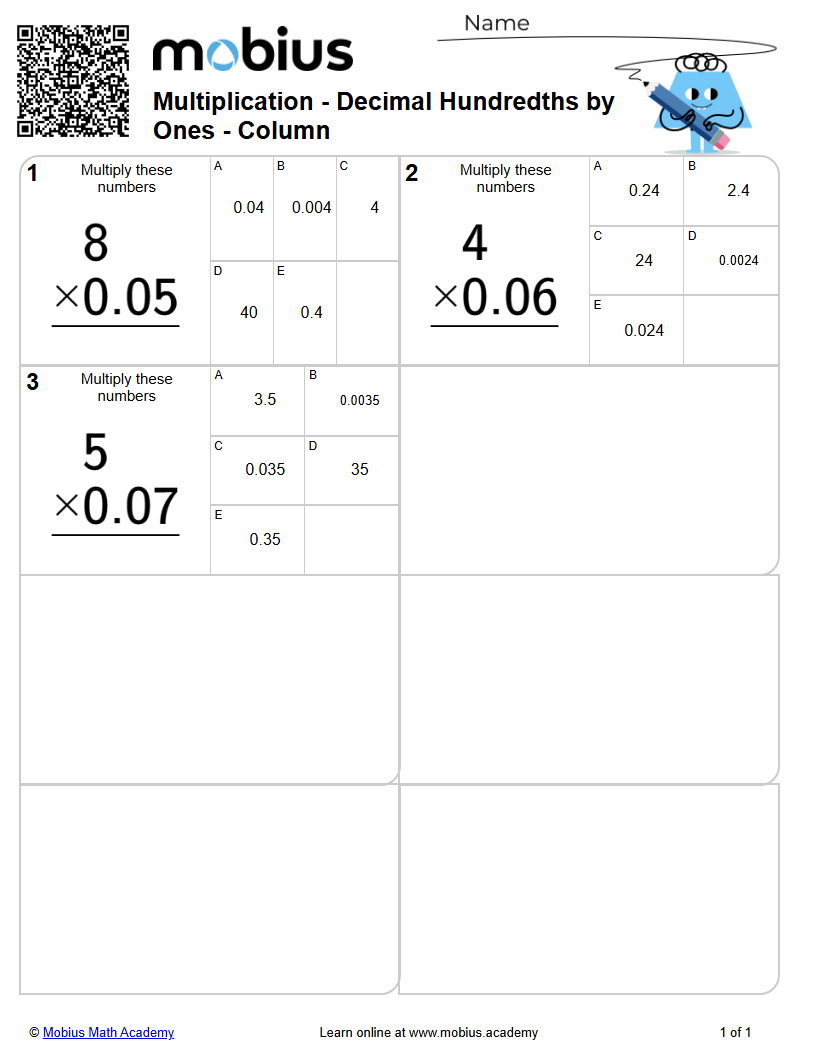 Multiplication - Decimal Hundredths by Ones - Column (Level 2) - Mobius ...