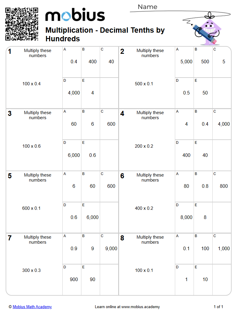 Multiplication - Decimal Tenths by Hundreds (Level 1) - Mobius Math Academy