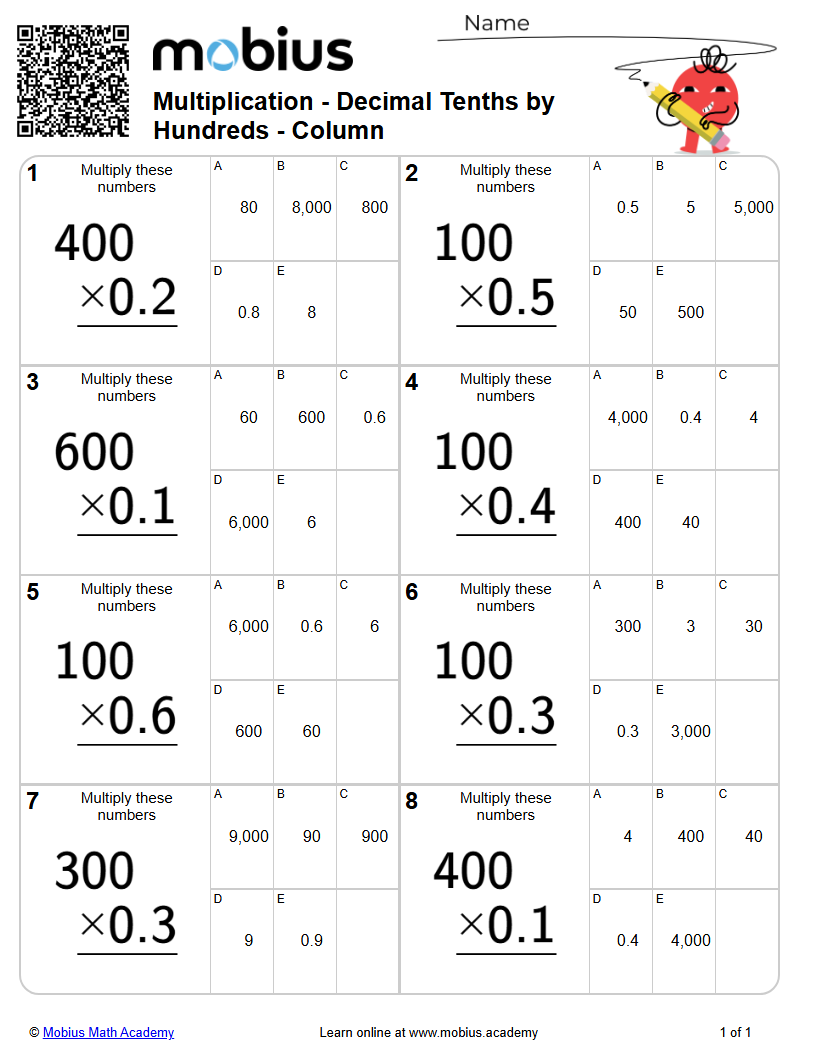 Multiplication - Decimal Tenths by Hundreds - Column (Level 1) - Mobius ...