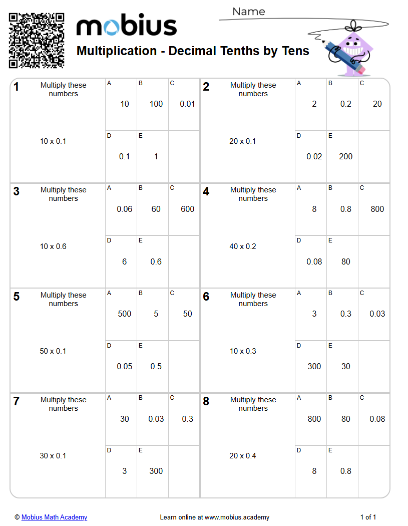 Multiplication - Decimal Tenths by Tens (Level 1) - Mobius Math Academy