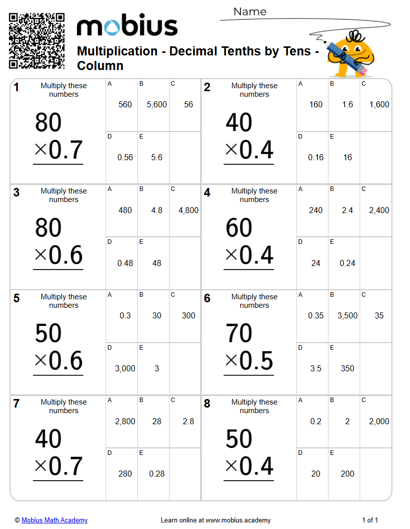 Multiplication - Decimal Tenths by Tens - Column (Level 2) - Mobius ...